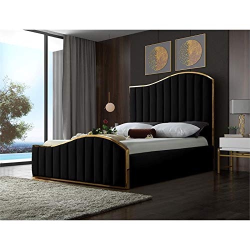 Meridian Furniture Jolie Collection Modern | Contemporary Velvet Upholstered Bed With Channel Tufting, And Polished Gold Metal Frame, Black, King