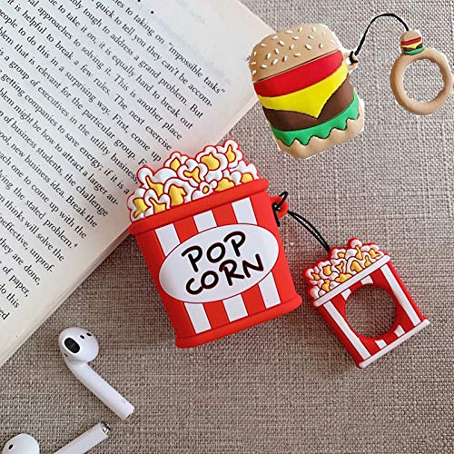 For Airpods Case, Cute 3D Airpods 1&2 Gen Cover with Finger Strap Silicone Rechargeable Headphone case for Apple AirPods 1st/2nd, Shockproof, Anti-Fall and Dustproof Protective (Popcorn and Hamburger)