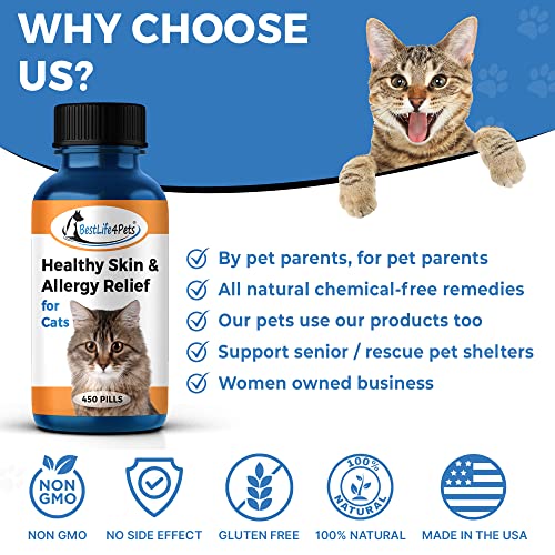 BestLife4Pets All-Natural Healthy Skin and Allergy Relief For Cats - Allergy Medicine For Cats; Cat Allergy Medication; Cat Itchy Skin Treatment - Strengthen Immune System - Easy to Use Pills (450 ct)