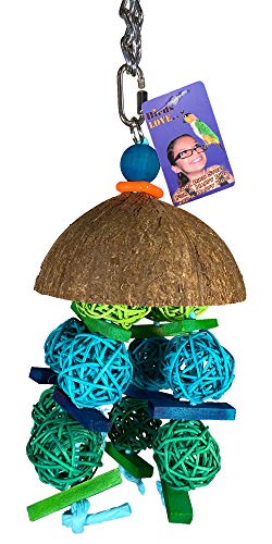 Birds LOVE Coconut Shell with Vineballs for Small to Medium Birds, Fun Foraging Hanging Bird Cage Toy, African Grey, Caique, Small Macaw, Amazons