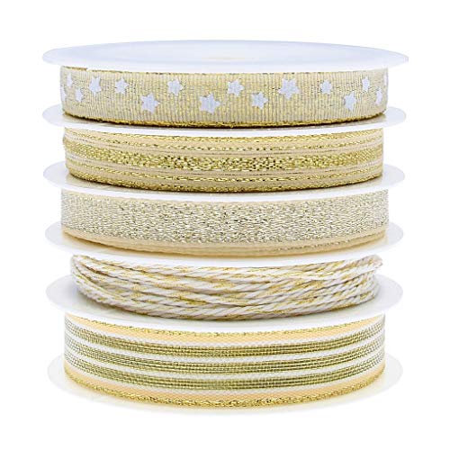 5 Rolls 27 Yards Gold Ribbon, Ribbon for Gift Wrapping, Crafts Fabric for Gift Ribbon, Glitter Ribbon for Wrapping Decoration Wedding Birthday Holiday Gift Wrapping Party