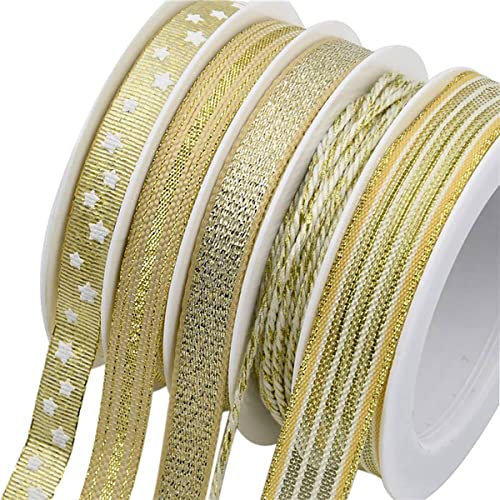 5 Rolls 27 Yards Gold Ribbon, Ribbon for Gift Wrapping, Crafts Fabric for Gift Ribbon, Glitter Ribbon for Wrapping Decoration Wedding Birthday Holiday Gift Wrapping Party