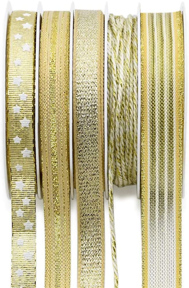 5 Rolls 27 Yards Gold Ribbon, Ribbon for Gift Wrapping, Crafts Fabric for Gift Ribbon, Glitter Ribbon for Wrapping Decoration Wedding Birthday Holiday Gift Wrapping Party