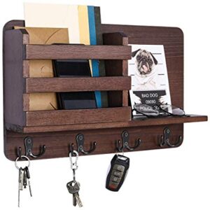 PAG Hanging Mail Organizer Entryway Wood Floating Shelf Accessories Storage Holder Rack with 4 Double Hooks, Brown