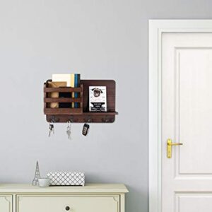 PAG Hanging Mail Organizer Entryway Wood Floating Shelf Accessories Storage Holder Rack with 4 Double Hooks, Brown