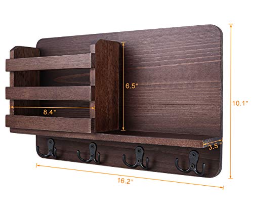 PAG Hanging Mail Organizer Entryway Wood Floating Shelf Accessories Storage Holder Rack with 4 Double Hooks, Brown