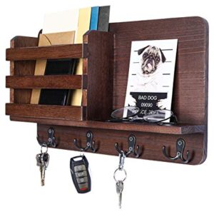 PAG Hanging Mail Organizer Entryway Wood Floating Shelf Accessories Storage Holder Rack with 4 Double Hooks, Brown