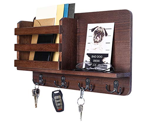 PAG Hanging Mail Organizer Entryway Wood Floating Shelf Accessories Storage Holder Rack with 4 Double Hooks, Brown