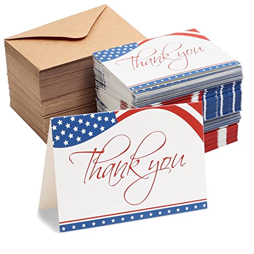 Pipilo Press 120 Pack Patriotic Thank You Cards with Envelopes, Bulk American Flag Notecards for Military Veterans, Memorial Day (4x6 In)