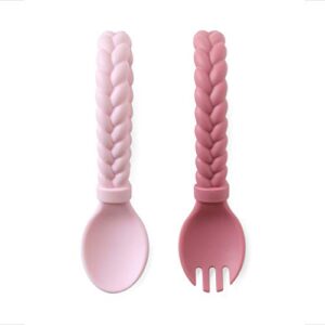 itzy ritzy silicone spoon & fork set; baby utensil set features a fork and spoon with looped, braided handles; made of 100% food grade silicone & bpa-free; ages 6 months and up, pink