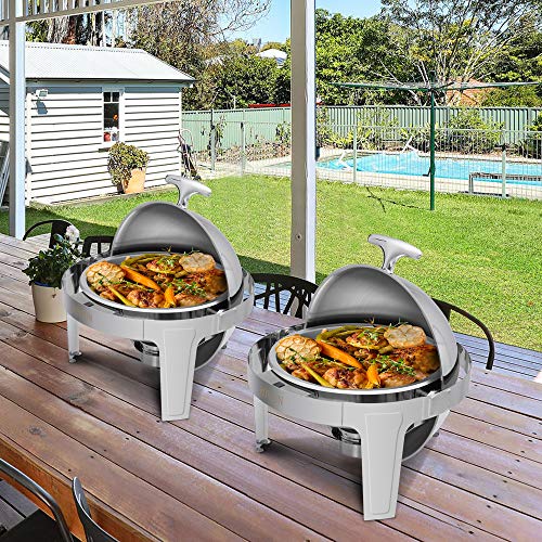 ROVSUN 2-Pack Roll Top Chafing Dish Buffet Set,6 Quart Full Size Pan Chafer, Stainless Steel Round Set with Food Pan, Water Pan and Fuel Holders, for Wedding, Parties, Banquet, Catering Events