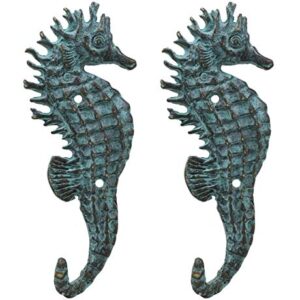 Ebros Verdigris Coastal Marine Ocean Nautical Seahorse Single Wall Mounted Brass Coat Hook Figurine Nautical Sea Life Metal Hangers or Hooks Decor Sculpture Seahorses Coral Reef Creatures (2)