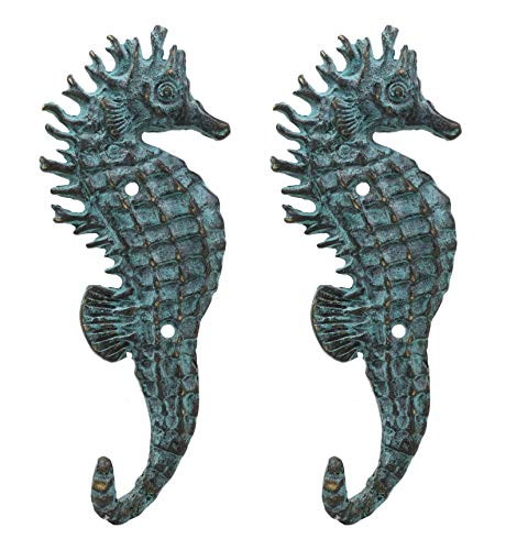 Ebros Verdigris Coastal Marine Ocean Nautical Seahorse Single Wall Mounted Brass Coat Hook Figurine Nautical Sea Life Metal Hangers or Hooks Decor Sculpture Seahorses Coral Reef Creatures (2)