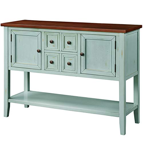 Knocbel Vintage Wood Console Table Buffet Sideboard with 4 Storage Drawers, 2 Cabinets & Bottom Shelf, Entryway Hallway Foyer Table Cupboard Coffee Bar Cabinet, 46" L x 15" W x 34" H (Antique Blue)