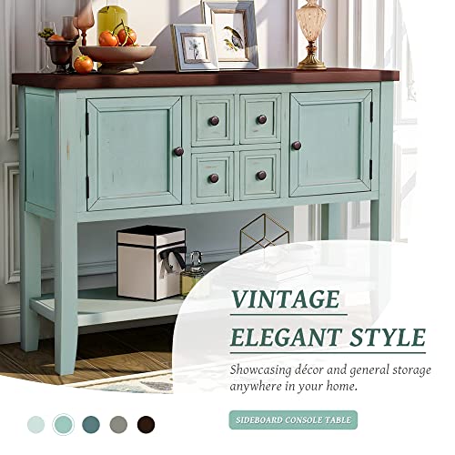 Knocbel Vintage Wood Console Table Buffet Sideboard with 4 Storage Drawers, 2 Cabinets & Bottom Shelf, Entryway Hallway Foyer Table Cupboard Coffee Bar Cabinet, 46" L x 15" W x 34" H (Antique Blue)