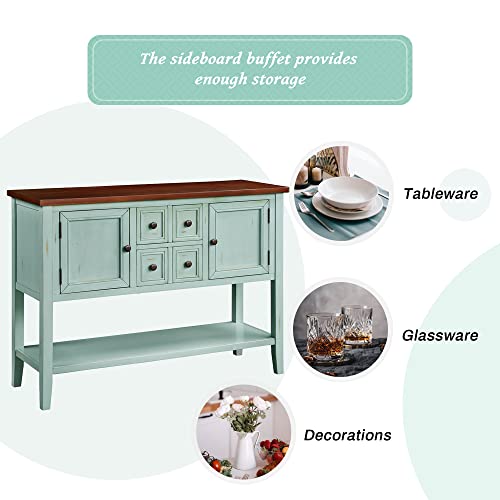 Knocbel Vintage Wood Console Table Buffet Sideboard with 4 Storage Drawers, 2 Cabinets & Bottom Shelf, Entryway Hallway Foyer Table Cupboard Coffee Bar Cabinet, 46" L x 15" W x 34" H (Antique Blue)