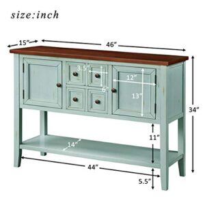 Knocbel Vintage Wood Console Table Buffet Sideboard with 4 Storage Drawers, 2 Cabinets & Bottom Shelf, Entryway Hallway Foyer Table Cupboard Coffee Bar Cabinet, 46" L x 15" W x 34" H (Antique Blue)