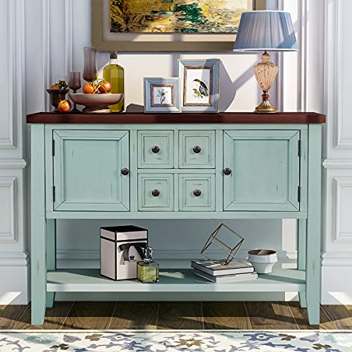 Knocbel Vintage Wood Console Table Buffet Sideboard with 4 Storage Drawers, 2 Cabinets & Bottom Shelf, Entryway Hallway Foyer Table Cupboard Coffee Bar Cabinet, 46" L x 15" W x 34" H (Antique Blue)