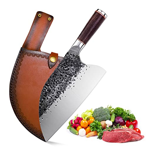 Smith Chu Handmade Forged Serbian Meat Cleaver Knife with Sheath Chef's knvies Full Tang Butcher Knife Outdoor Meat Vegetable Cleaver for Family, BBQ or Camping