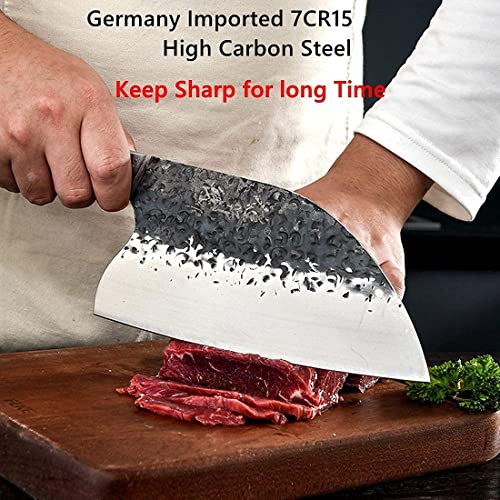 Smith Chu Handmade Forged Serbian Meat Cleaver Knife with Sheath Chef's knvies Full Tang Butcher Knife Outdoor Meat Vegetable Cleaver for Family, BBQ or Camping