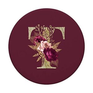 Maroon floral Initial Letter T monogram burgundy flowers PopSockets PopGrip: Swappable Grip for Phones & Tablets