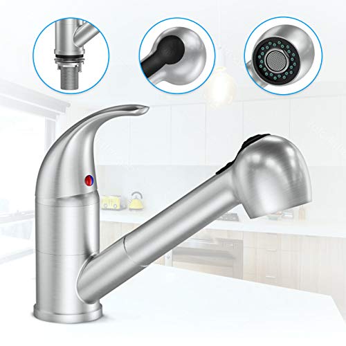 LEPO Single Lever Pull Out Kitchen Sink Faucets, Single Handle Low Arch Stainless Steel Brushed Nickel Rv Kitchen Faucet with Pull Down Sprayer, Bar Utility Sink Faucets