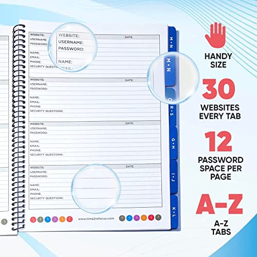 RE-FOCUS Password Book with Alphabetical Tabs 10"x7.6" Spiral Bound Credentials keeper Saves All Internet Login Details (Pink)