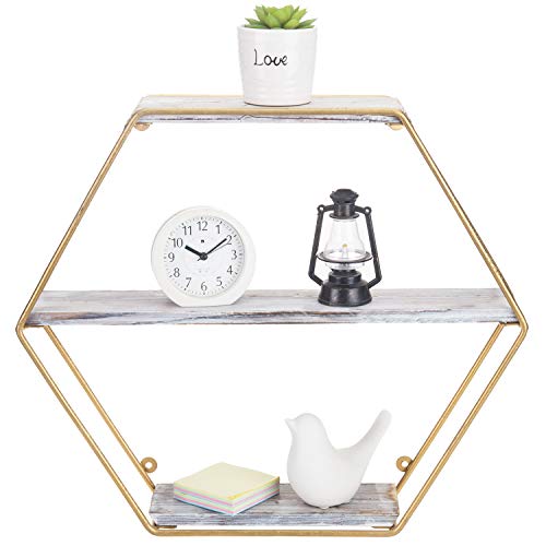 MyGift 3-Tier Wall Mounted Shelf with Hexagon Gold Metal Frame & Whitewashed Wood Shelves