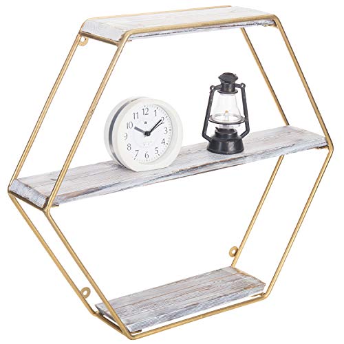 MyGift 3-Tier Wall Mounted Shelf with Hexagon Gold Metal Frame & Whitewashed Wood Shelves