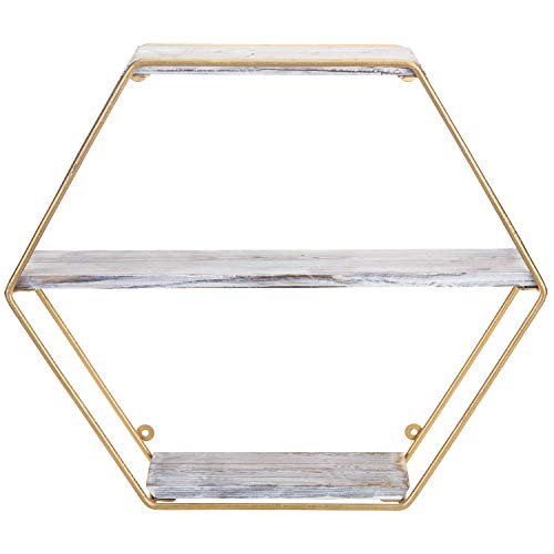 MyGift 3-Tier Wall Mounted Shelf with Hexagon Gold Metal Frame & Whitewashed Wood Shelves