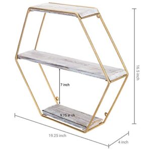 MyGift 3-Tier Wall Mounted Shelf with Hexagon Gold Metal Frame & Whitewashed Wood Shelves