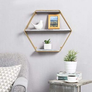 MyGift 3-Tier Wall Mounted Shelf with Hexagon Gold Metal Frame & Whitewashed Wood Shelves