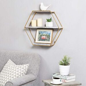 MyGift 3-Tier Wall Mounted Shelf with Hexagon Gold Metal Frame & Whitewashed Wood Shelves