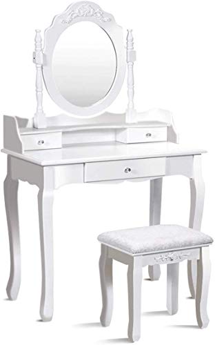 SPSUPE Click Image to Open expanded View Vanity Set with Oval 360° Rotating Mirror, Makeup with3 Storage Drawers, Painted Finish,Removable Top, Wooden Dressing Table, White