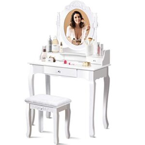 SPSUPE Click Image to Open expanded View Vanity Set with Oval 360° Rotating Mirror, Makeup with3 Storage Drawers, Painted Finish,Removable Top, Wooden Dressing Table, White