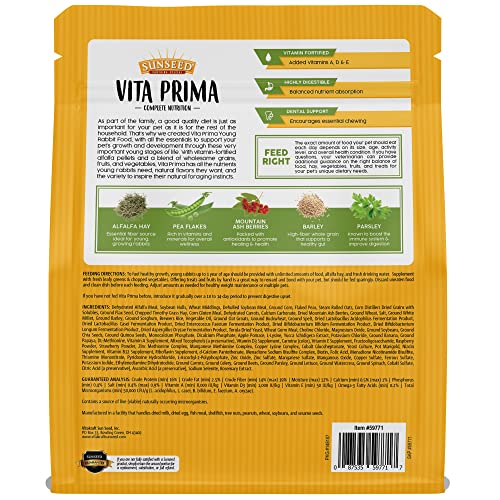 Sunseed Vita Prima Young Rabbit Food - Complete Nutrition - Premium Fortified Blend with Timothy Hay, 4 lb