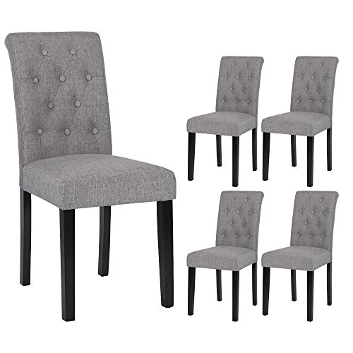 LSSBOUGHT Button-Tufted Upholstered Fabric Dining Chairs with Solid Wood Legs, Set of 4 (Gray)