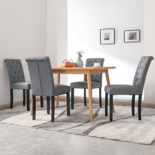 LSSBOUGHT Button-Tufted Upholstered Fabric Dining Chairs with Solid Wood Legs, Set of 4 (Gray)