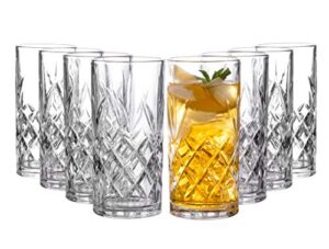 royalty art kinsley tall highball glasses set of 8, 12 ounce cups, textured designer glassware for drinking water, beer, or soda, trendy and elegant dishware, dishwasher safe (highball)