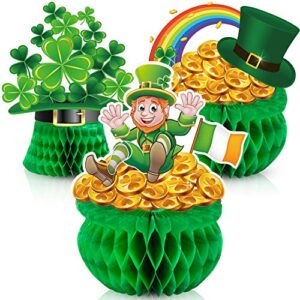 blulu st patrick honeycomb decoration, cute pot-o-gold centerpiece shamrock leprechaun tissue irish clover paper table topper for saint patrick party accessory 7.87-8.6 inch (3 pieces)