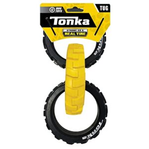 tonka rubber 3-ring tug dog toy, lightweight, durable and water resistant, 10.5 inches, for medium/large breeds, single unit, yellow/black