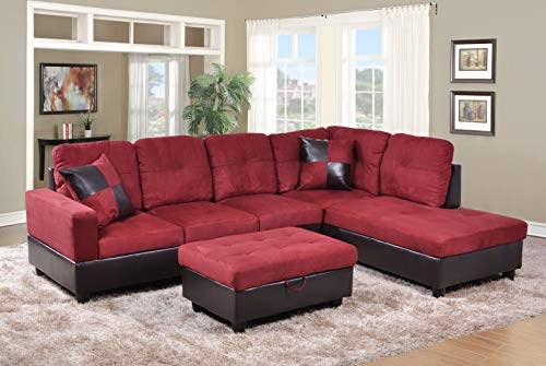 3-Piece Contemporary Sectional Sofa with Chaise and Storage Ottoman for Living Room Furniture | Faux Leather & Microfiber Upholstery | Removable High Density Memory Foam Cushions (Red,Right-facing)