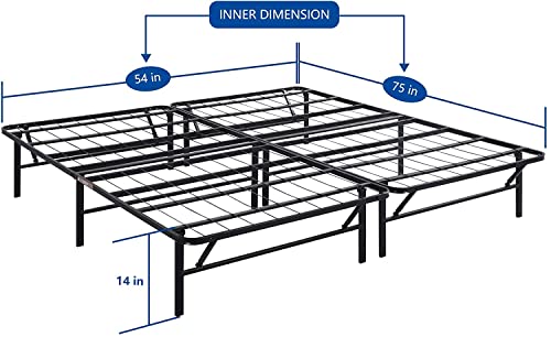 Olee Sleep 14 Inch Foldable Dura Metal Platform Bed Frame, Full Size, Comfort Base Bed Frame, Height for Under-Bed Storage, Black