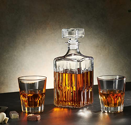 Godinger Whiskey Decanter and 2 Whiskey Glasses Bar Set, Italian Made Decanter for Liquor Scotch Bourbon Vodka