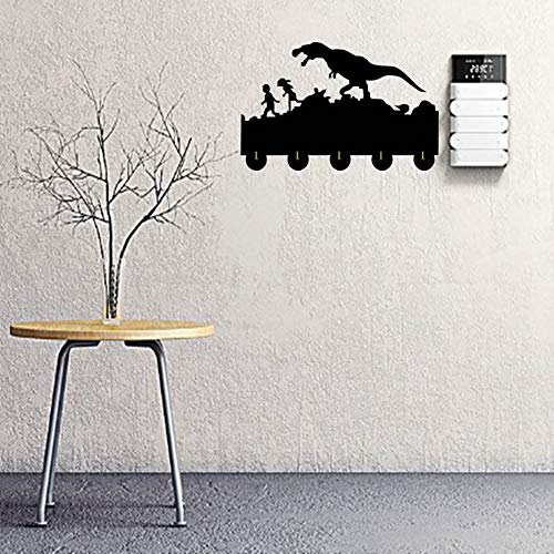 ChezMax Art Wall Decoration Home Wall Holder with 5 Hooks Hallway Key Hooks Holder Wall Mount Dinosaur Black