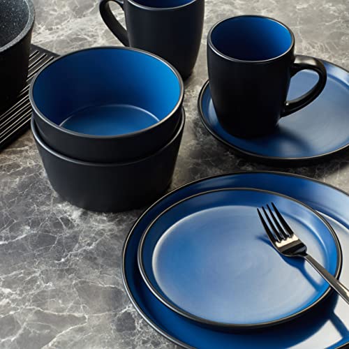 Stone Lain 16 Pieces Two-Tone Color Glaze without Rim Stoneware Round Dinnerware Set, Blue and Black