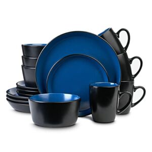 Stone Lain 16 Pieces Two-Tone Color Glaze without Rim Stoneware Round Dinnerware Set, Blue and Black