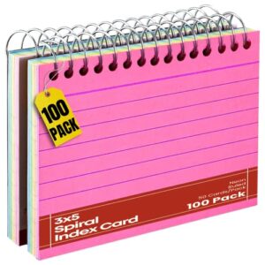 1intheoffice spiral index cards 3x5 ruled, spiral bound, 50 neon note cards/spiral (2 pack)