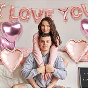 Valentine's Day Decorations Rose Gold I Love You Balloons Banner Rose Gold & Blush Pink Heart Balloons for Anniversary Bridal Shower Party Decors