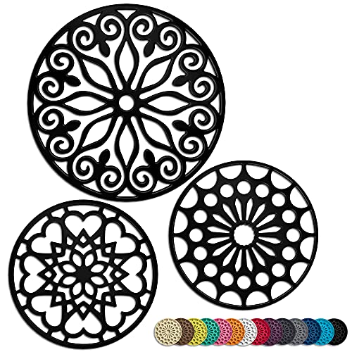 3 Set Silicone Trivet Mats With 1 Extra Large Included | Intricately Carved Insulated Flexible Durable Non Slip Thick Round Premium Trivets for Hot pots and pans | Black